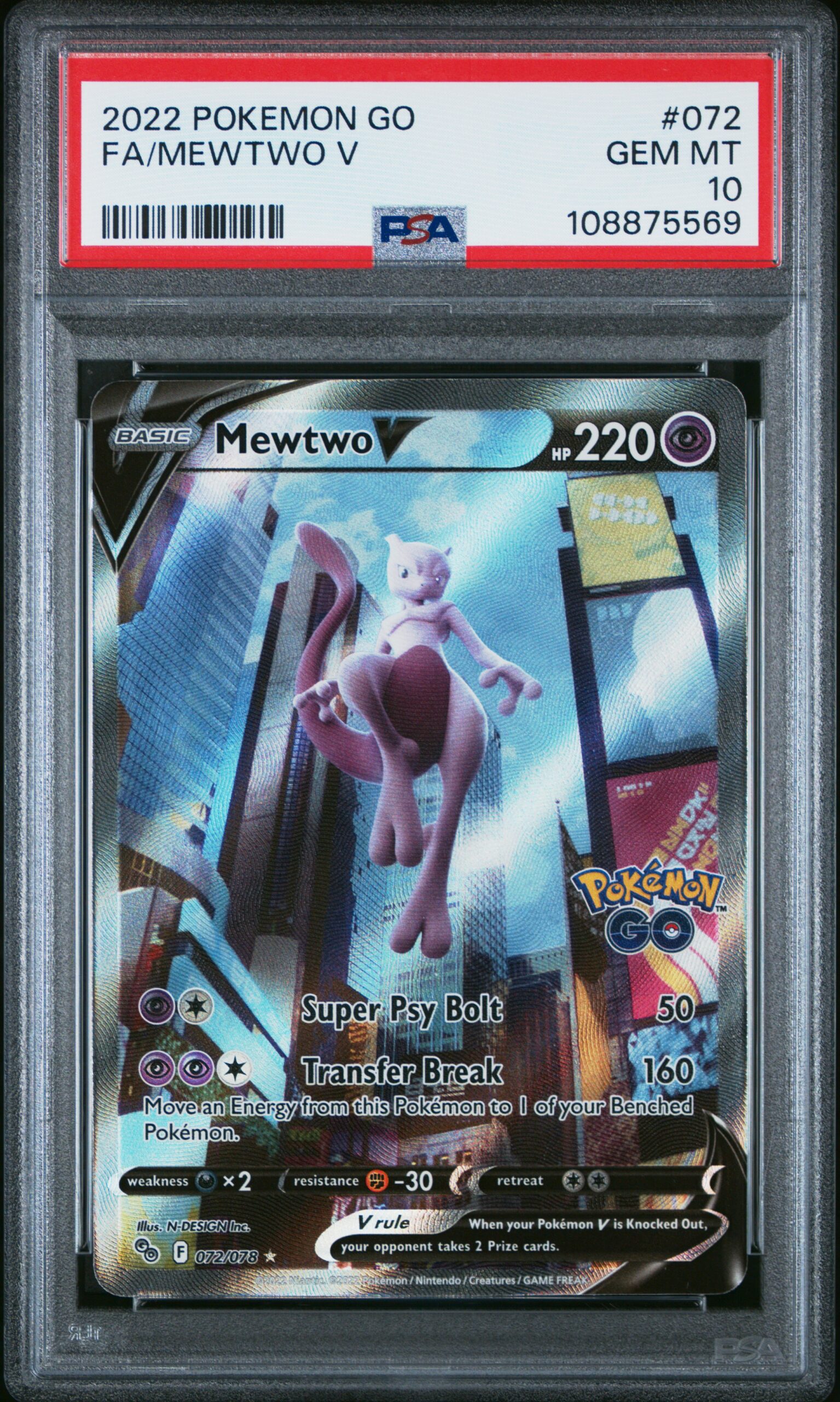 2022 POKEMON GO 072 FULL ART/MEWTWO V PSA GEM MT 10 ⋆ Slabd